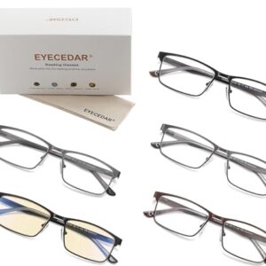 EYECEDAR 5-Pack Reading Glasses for Men Metal Frame Spring Hinges with a pair of Blue Light Readers 2.00