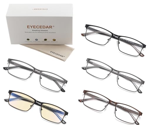 EYECEDAR 5-Pack Reading Glasses for Men Metal Frame Spring Hinges with a pair of Blue Light Readers 2.00