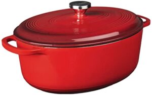 lodge 7 quart enameled cast iron oval dutch oven with lid – dual handles – oven safe up to 500° f or on stovetop - use to marinate, cook, bake, refrigerate and serve – red