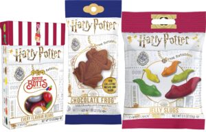 harry potter jelly gummy candy slugs, bertie botts every flavour jelly beans & chocolate crispy frog (bundle of 3 items)