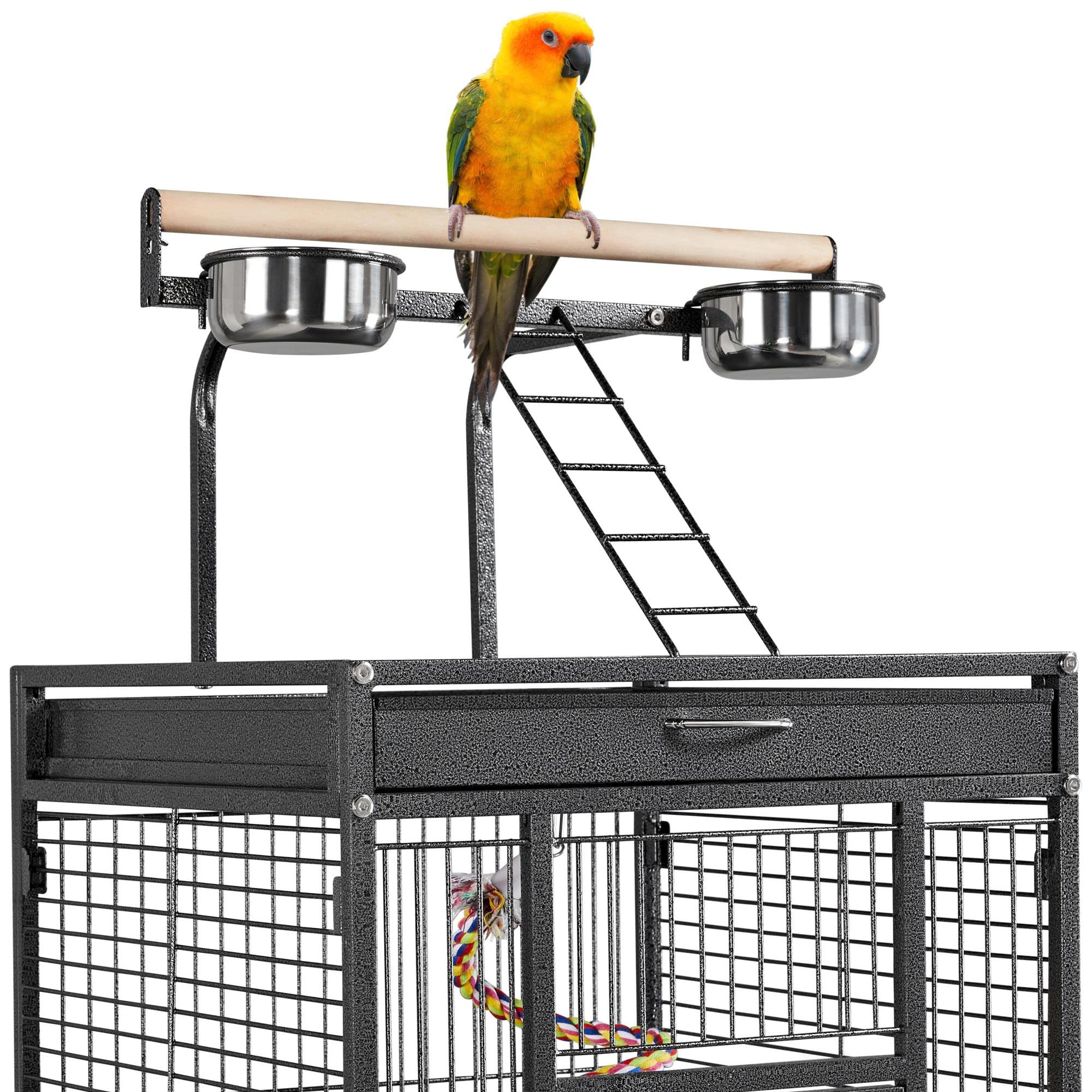 Yaheetech 61-inch Playtop Wrought Iron Large Parrot Bird Cages with Rolling Stand for Cockatiels Amazon Parrot Quaker Conure Parakeet Lovebird Finch Canary Small Medium Parrot Cage Birdcage, Black