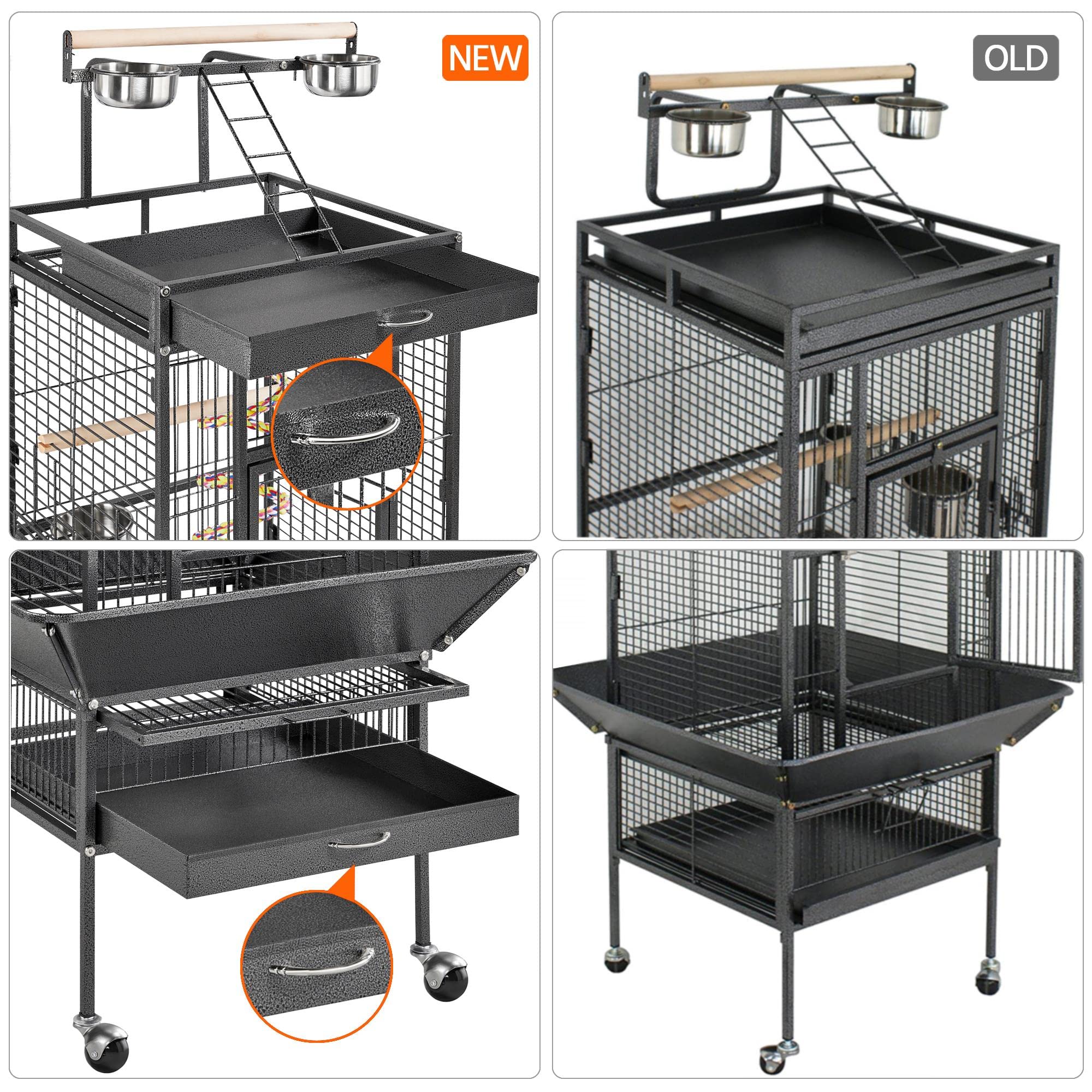 Yaheetech 61-inch Playtop Wrought Iron Large Parrot Bird Cages with Rolling Stand for Cockatiels Amazon Parrot Quaker Conure Parakeet Lovebird Finch Canary Small Medium Parrot Cage Birdcage, Black