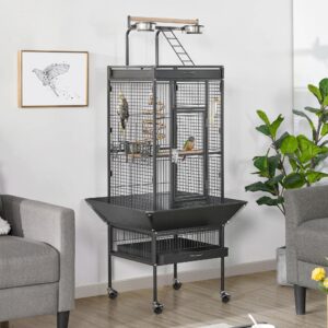 Yaheetech 61-inch Playtop Wrought Iron Large Parrot Bird Cages with Rolling Stand for Cockatiels Amazon Parrot Quaker Conure Parakeet Lovebird Finch Canary Small Medium Parrot Cage Birdcage, Black