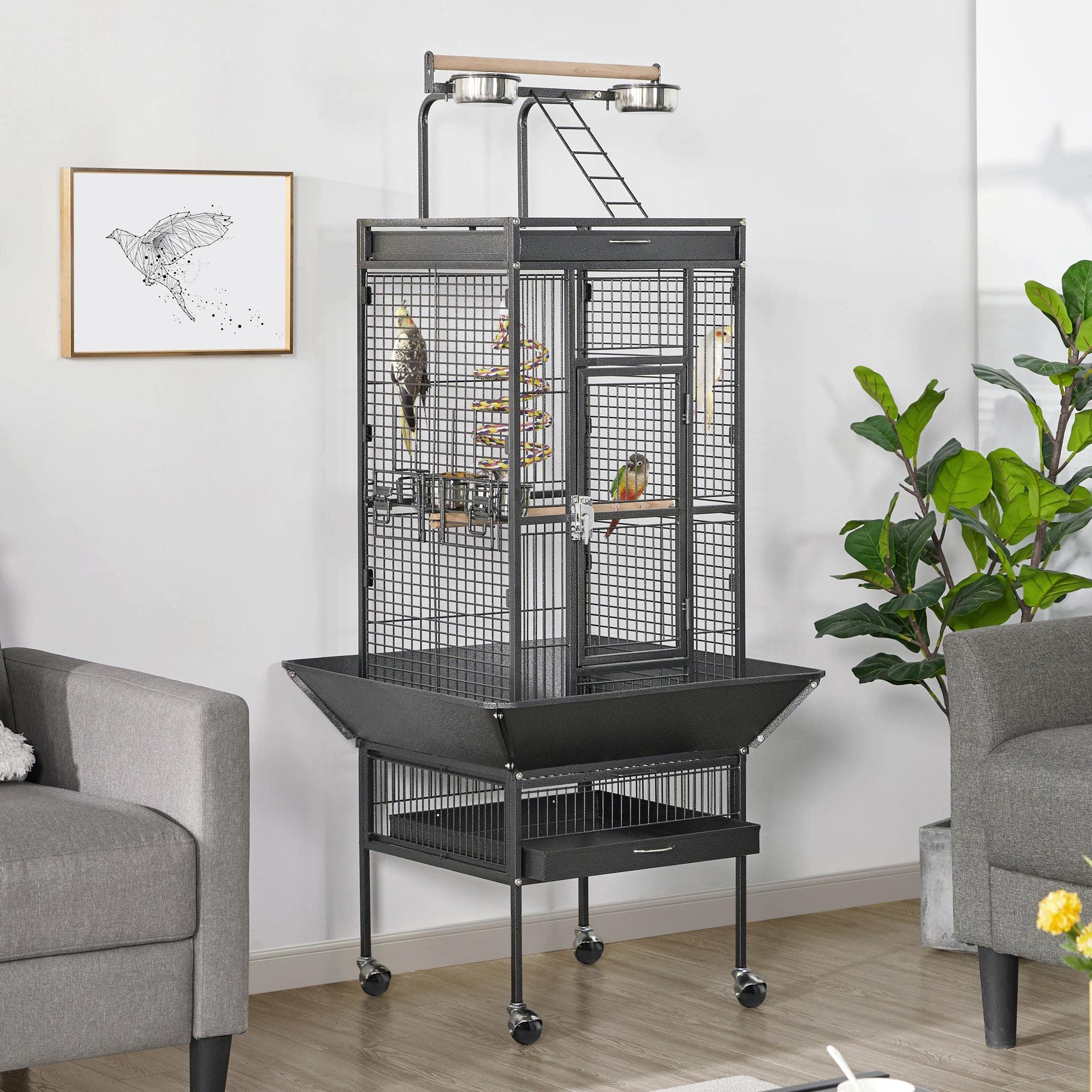 Yaheetech 61-inch Playtop Wrought Iron Large Parrot Bird Cages with Rolling Stand for Cockatiels Amazon Parrot Quaker Conure Parakeet Lovebird Finch Canary Small Medium Parrot Cage Birdcage, Black