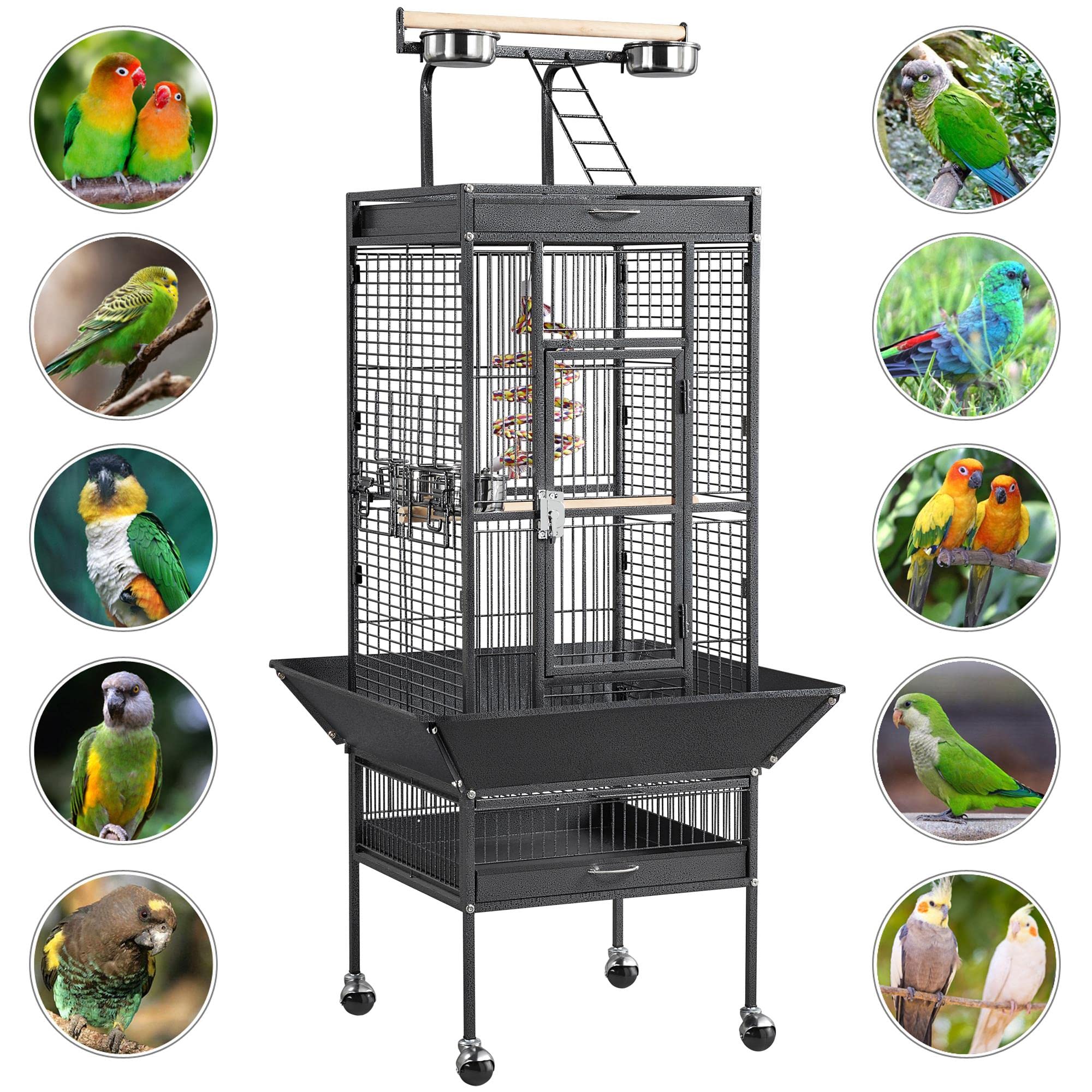 Yaheetech 61-inch Playtop Wrought Iron Large Parrot Bird Cages with Rolling Stand for Cockatiels Amazon Parrot Quaker Conure Parakeet Lovebird Finch Canary Small Medium Parrot Cage Birdcage, Black