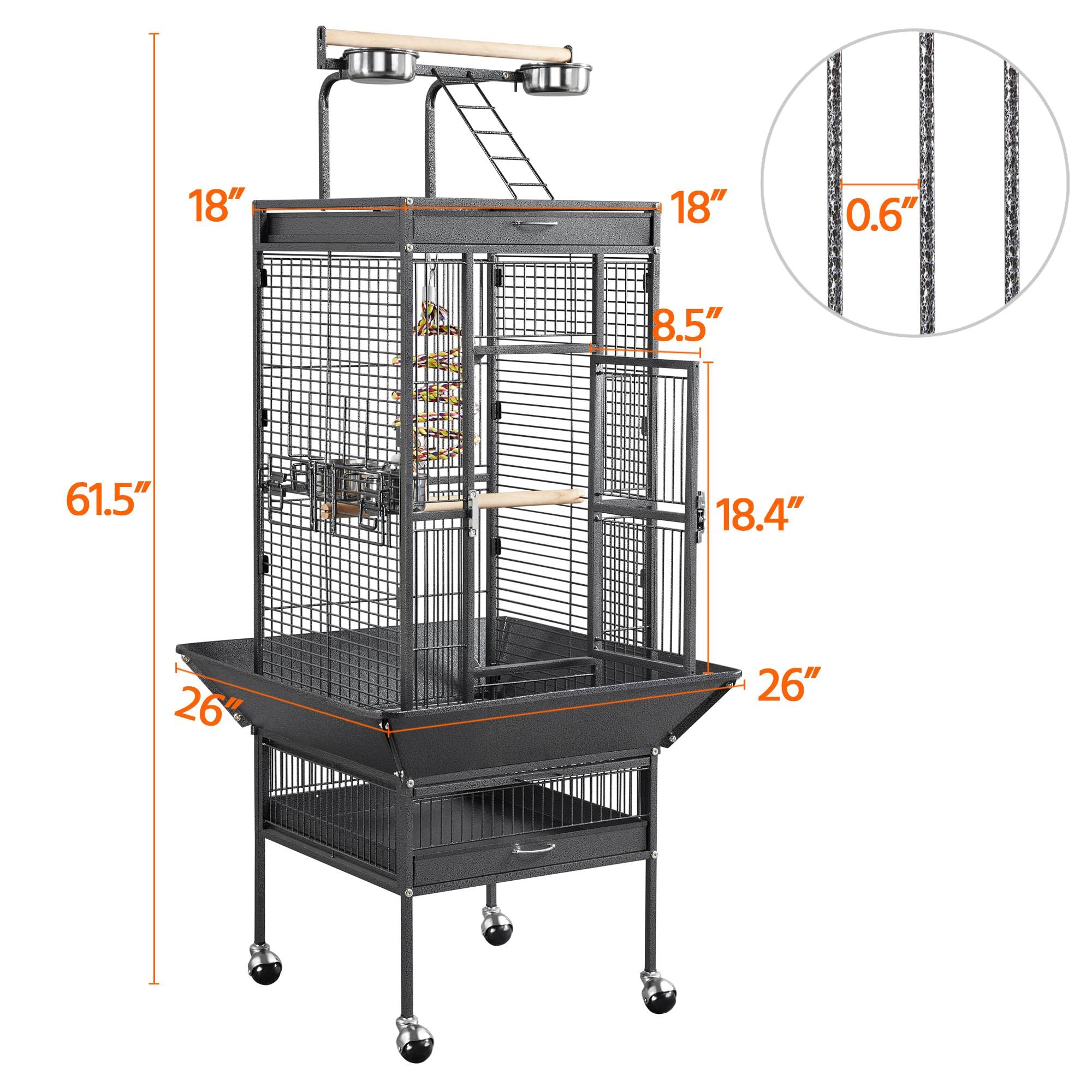 Yaheetech 61-inch Playtop Wrought Iron Large Parrot Bird Cages with Rolling Stand for Cockatiels Amazon Parrot Quaker Conure Parakeet Lovebird Finch Canary Small Medium Parrot Cage Birdcage, Black