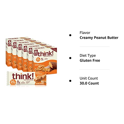 think! Protein Bars, High Protein Snacks, Gluten Free, Kosher Friendly, Creamy Peanut Butter, Nutrition Bars, 2.1 Oz per Bar, 30 Count (Packaging May Vary)