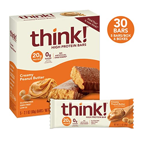 think! Protein Bars, High Protein Snacks, Gluten Free, Kosher Friendly, Creamy Peanut Butter, Nutrition Bars, 2.1 Oz per Bar, 30 Count (Packaging May Vary)