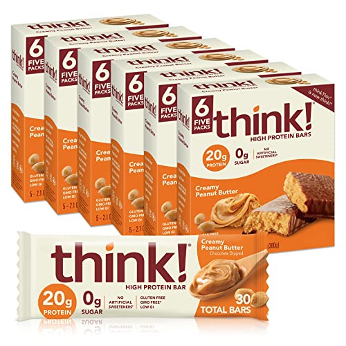 think! Protein Bars, High Protein Snacks, Gluten Free, Kosher Friendly, Creamy Peanut Butter, Nutrition Bars, 2.1 Oz per Bar, 30 Count (Packaging May Vary)