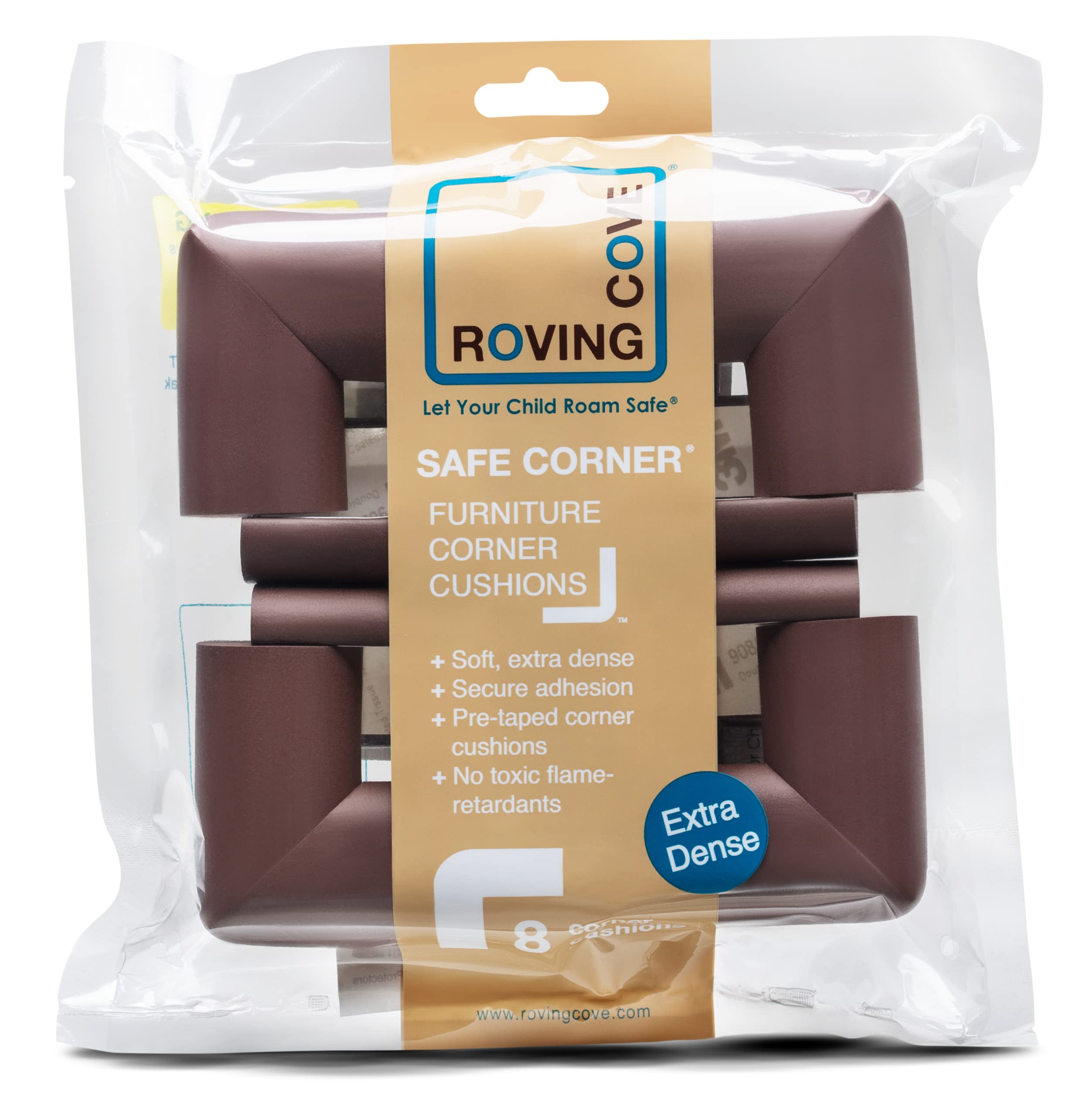 Roving Cove Corner Protector for Baby (8 Large Corners) - Hefty-Fit Heavy-Duty Soft Rubber Foam Furniture Corner Bumper Guards, 3M Adhesive Pre-Taped, Coffee Brown