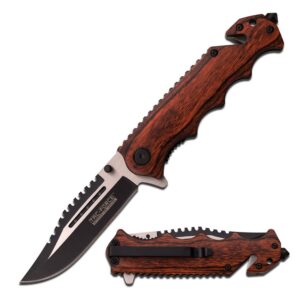 tac force spring assisted folding pocket knife – black and satin finish stainless steel blade, brown wood handle with rope cutter, glass punch, tactical, edc, rescue - tf-809wd