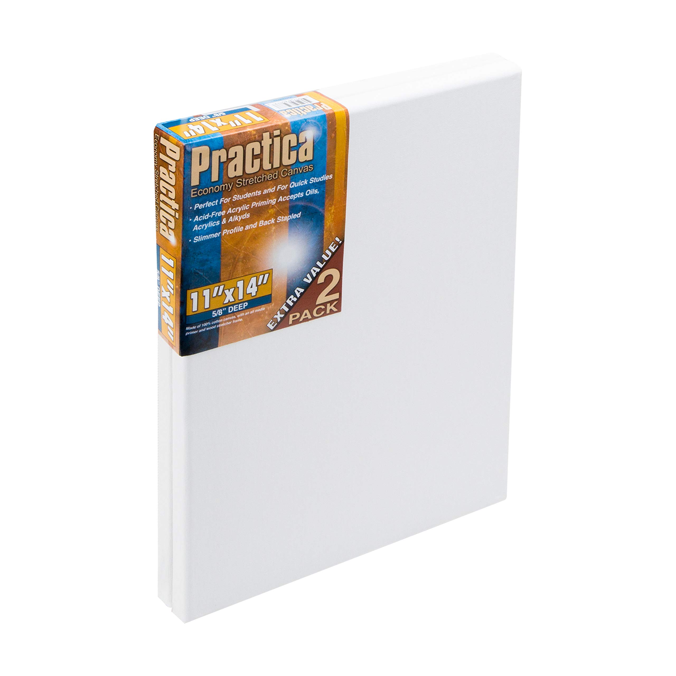 Practica Economy Stretched Cotton Canvas - Acid-Free Acrylic Primed Canvas for Acrylics, Pastels, Graphite, & More! - [2-Pack - 11x14]