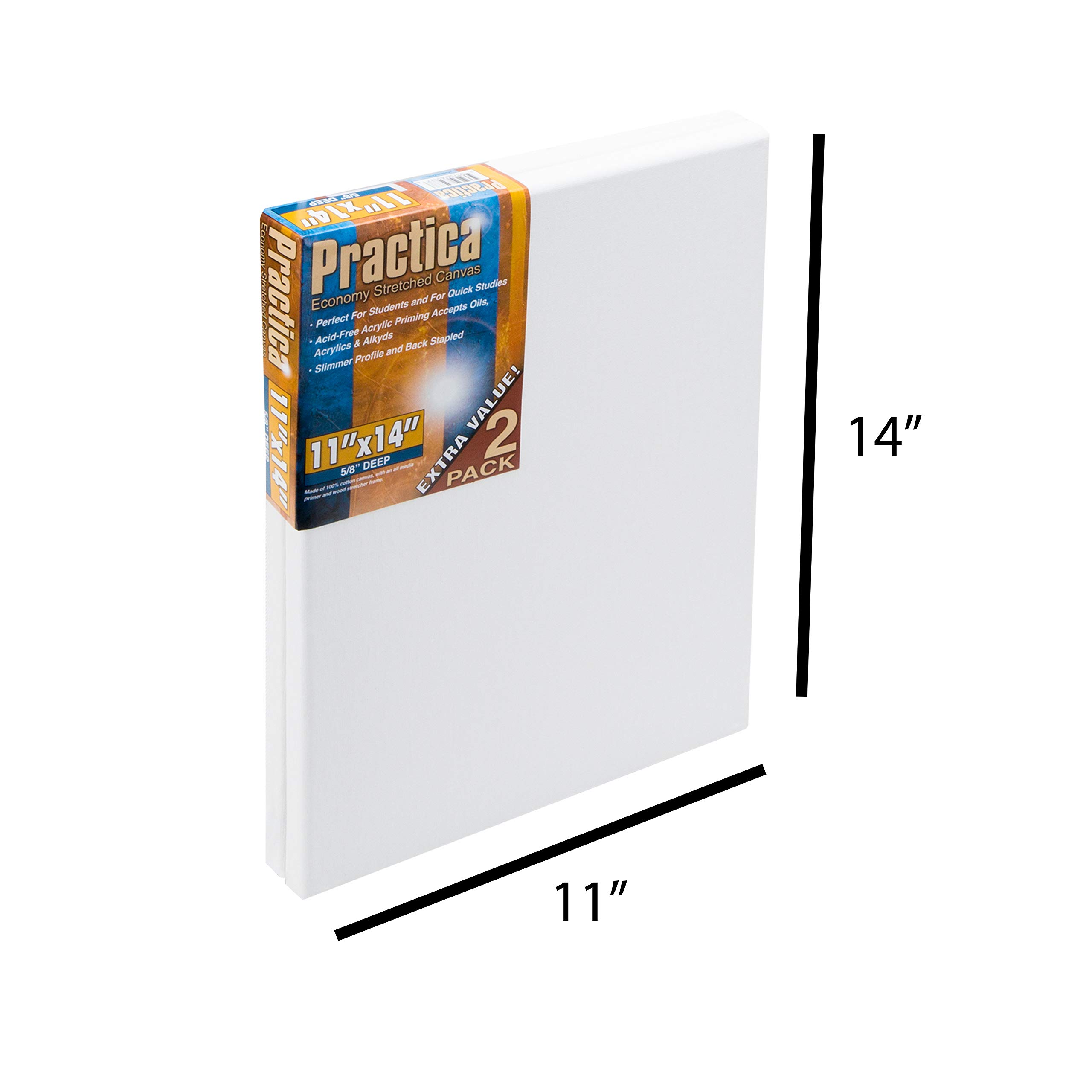 Practica Economy Stretched Cotton Canvas - Acid-Free Acrylic Primed Canvas for Acrylics, Pastels, Graphite, & More! - [2-Pack - 11x14]