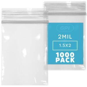 clear plastic reusable zip bags - bulk gpi case of 1000 1.5" x 2" 2 mil thick strong & durable poly baggies with resealable zip top lock for travel, storage, packaging & shipping.