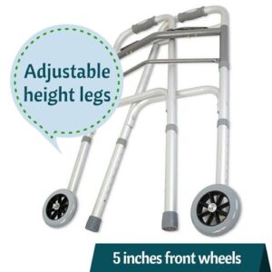 Walker Folding Deluxe 2 Button with Front 5" Wheels and free ski and round rear glide caps, Adjustable Height (Short, Standard, Tall People) by Healthline Trading