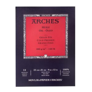 arches oil paper pad 9x12-inch white 100% cotton oil painting paper - 12 sheets of arches 140lb cold pressed oil paint paper - painting pad for oil painting and oil pastel techniques