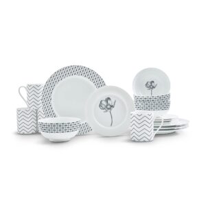 portmeirion home collection stella 16 piece set, made of fine porcelain, black and white, geo and flower patterns, service for 4, dishwasher and microwave safe