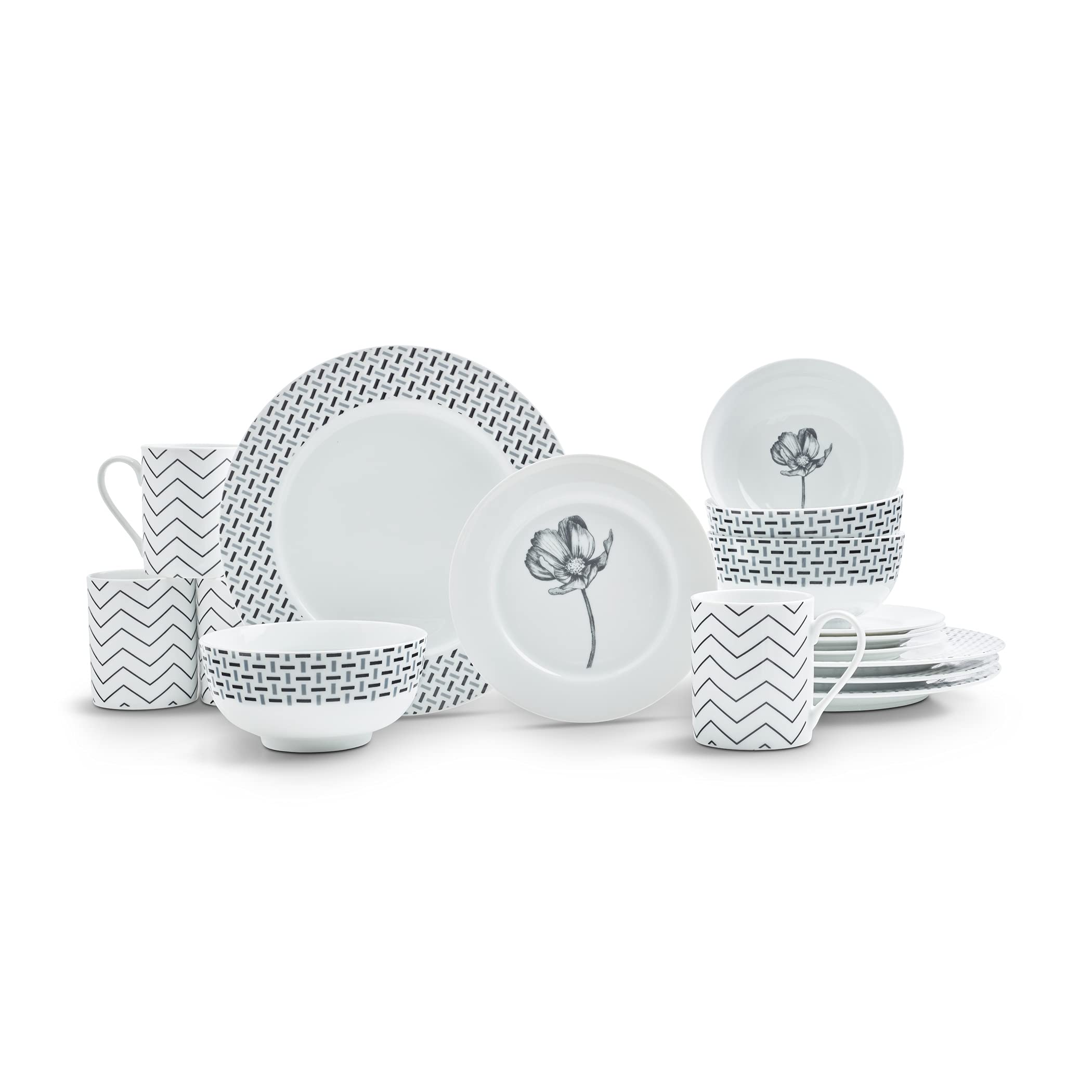 Portmeirion Home Collection Stella 16 Piece Set, Made of Fine Porcelain, Black and White, Geo and Flower Patterns, Service for 4, Dishwasher and Microwave Safe