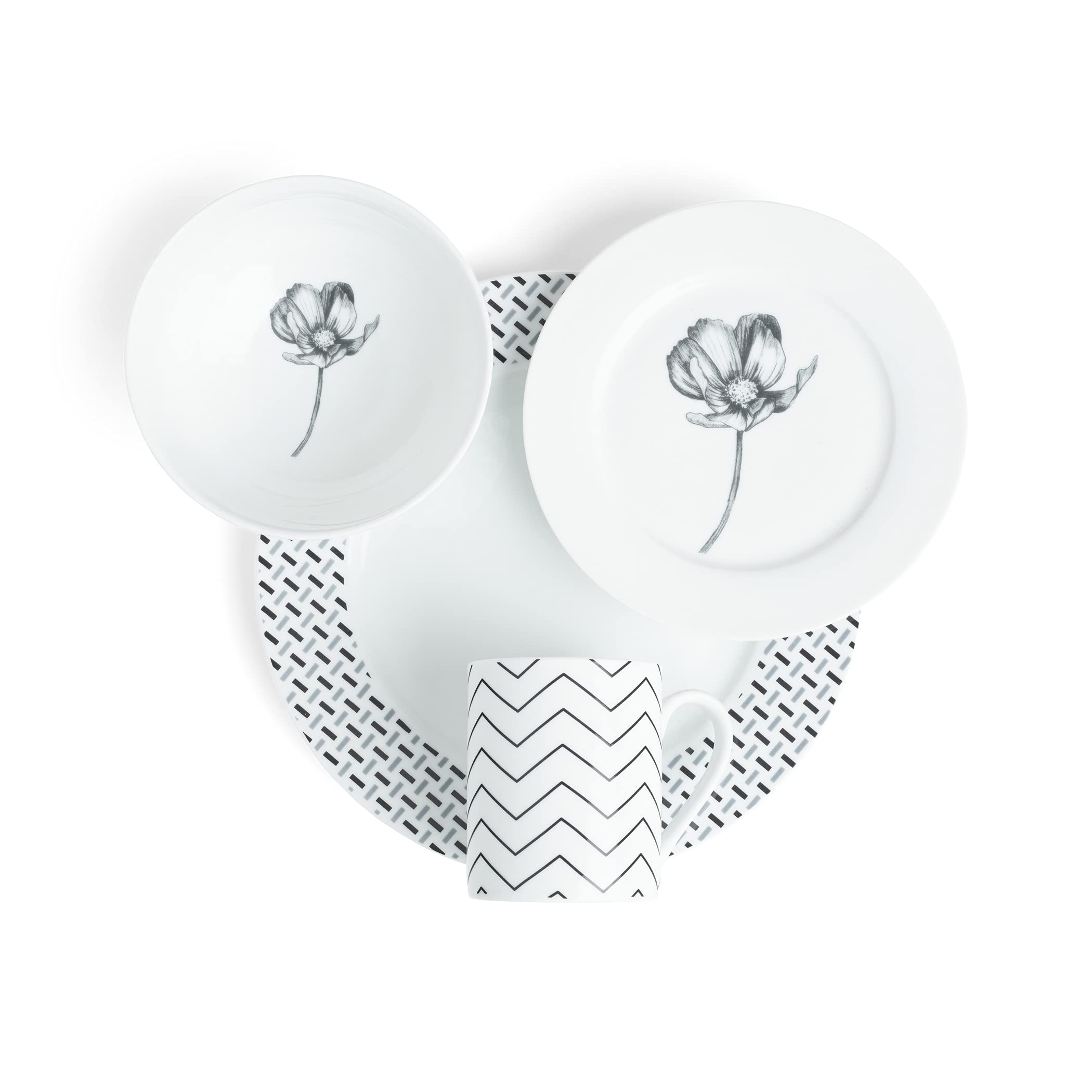 Portmeirion Home Collection Stella 16 Piece Set, Made of Fine Porcelain, Black and White, Geo and Flower Patterns, Service for 4, Dishwasher and Microwave Safe