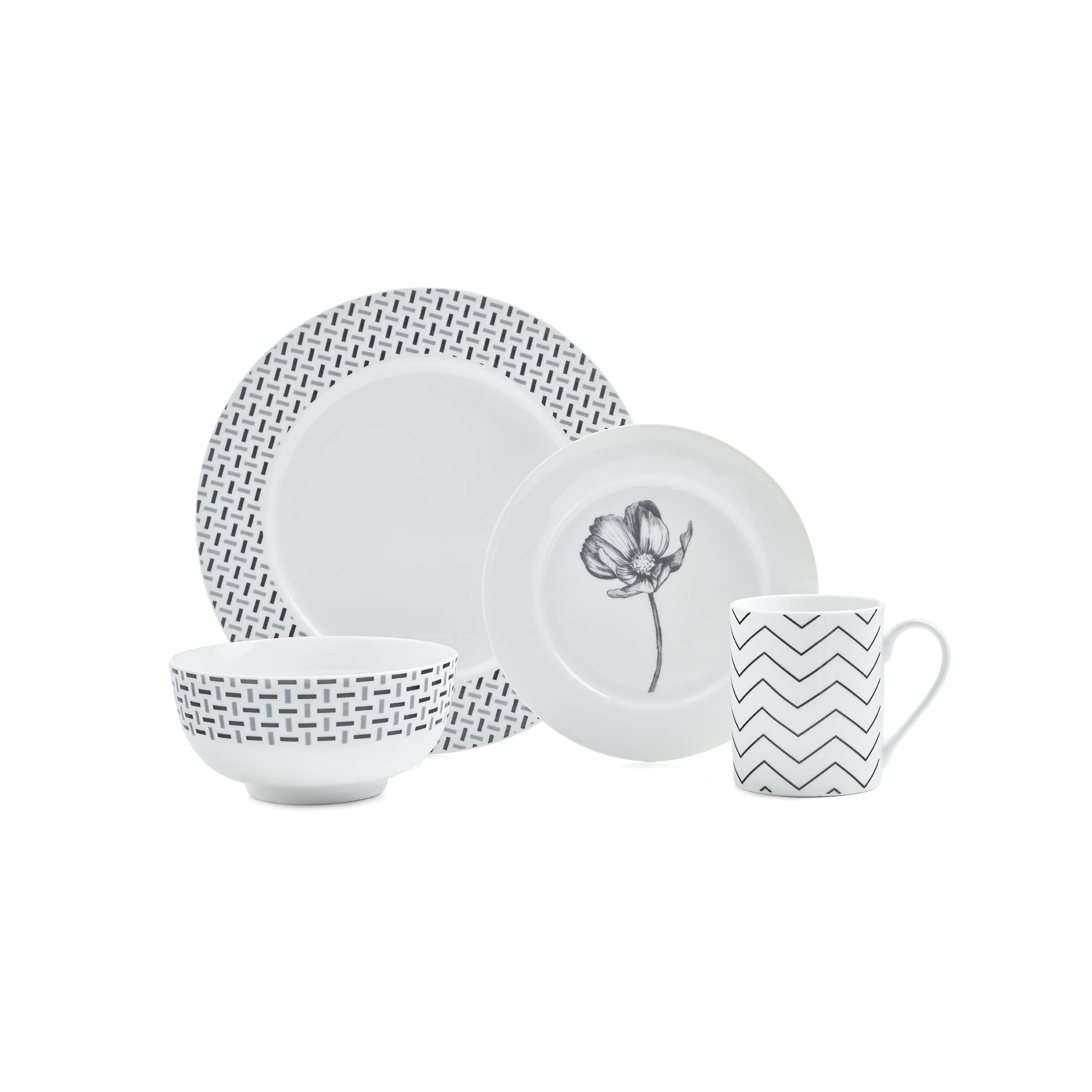 Portmeirion Home Collection Stella 16 Piece Set, Made of Fine Porcelain, Black and White, Geo and Flower Patterns, Service for 4, Dishwasher and Microwave Safe