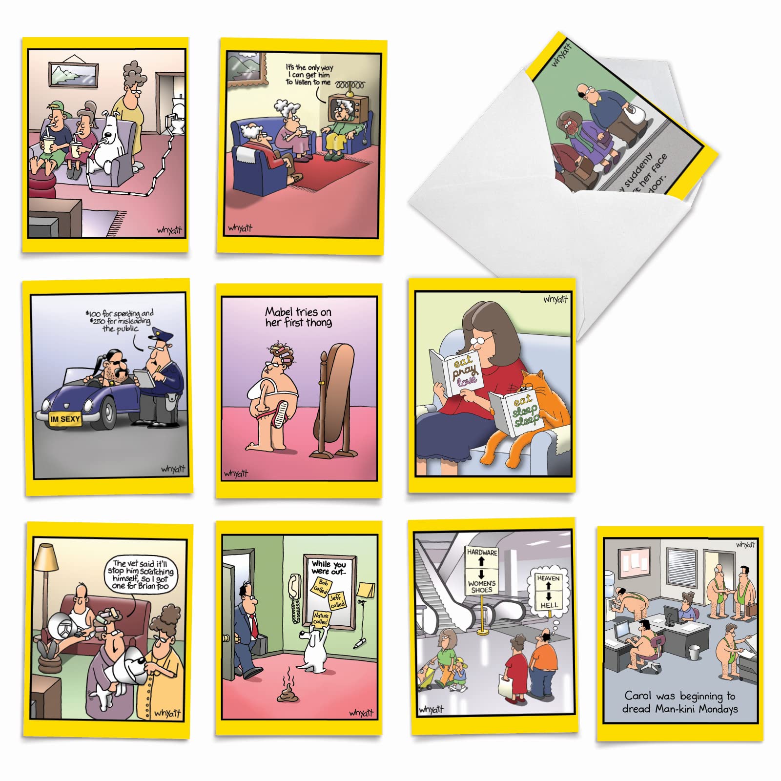 The Best Card Company - Variety Pack of 10 Funny Assorted Blank All Occasions Notecards 4 x 5.12 Inch w/Envelopes - Cartoon Humor for Men, Women (10 Designs, 1 Each) - Wild for Whyatt M6463OCB