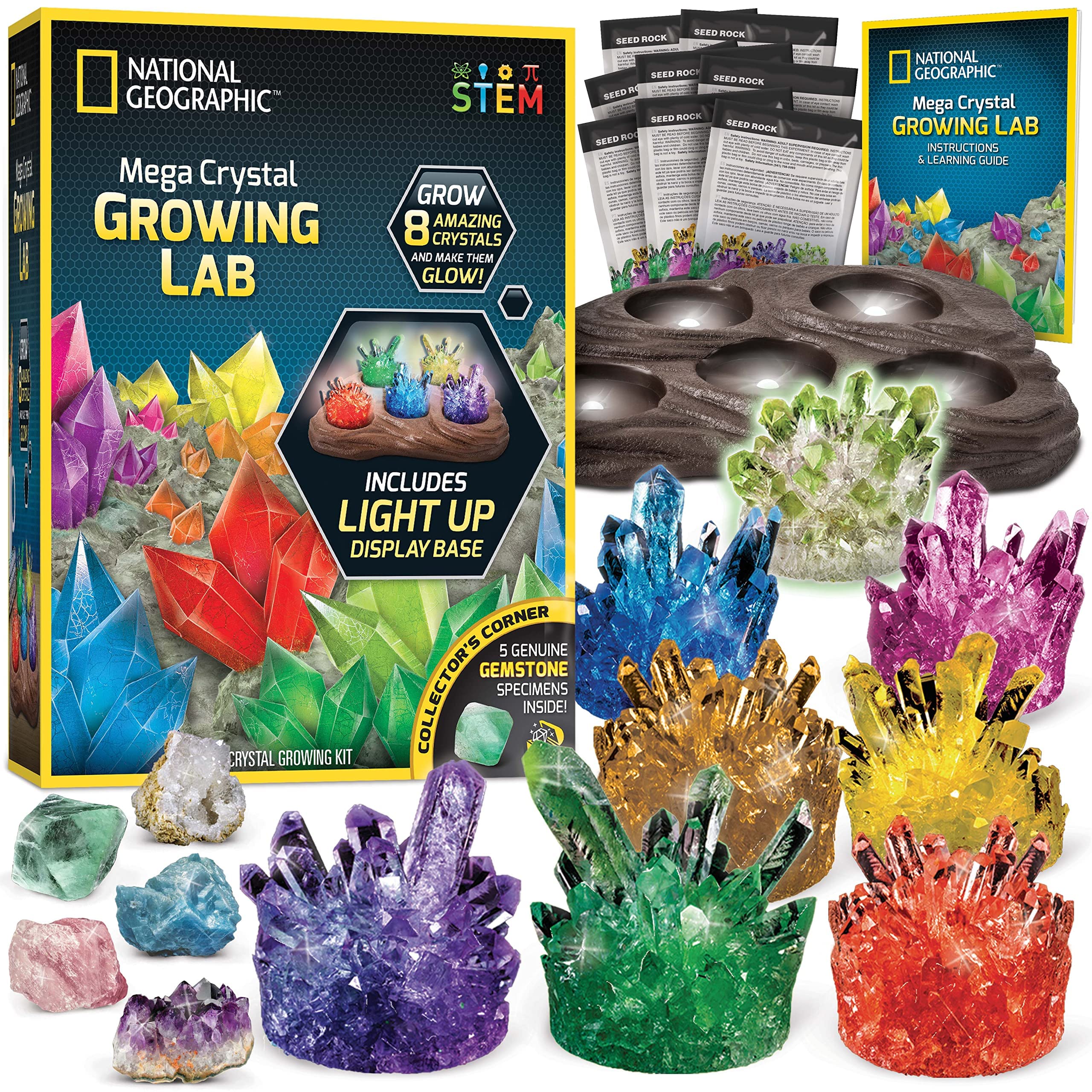 National Geographic Crystal Growing Kit - Grow 8 Light-Up Crystals, Science Gift for Kids 8-12