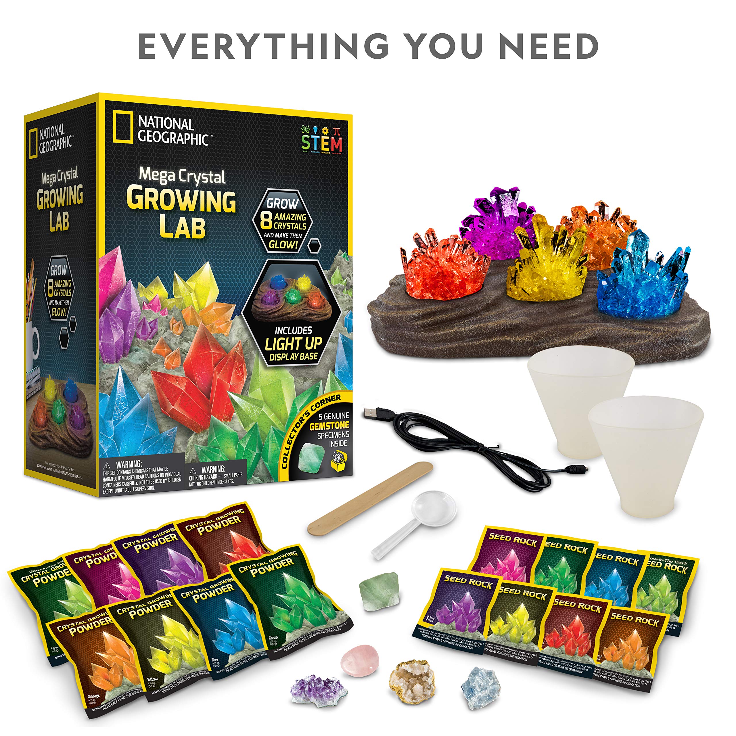 National Geographic Crystal Growing Kit - Grow 8 Light-Up Crystals, Science Gift for Kids 8-12