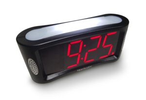 travelwey digital alarm clock - outlet powered, no frills simple operation, large night light, alarm, snooze, full range brightness dimmer, big red led digit display, black