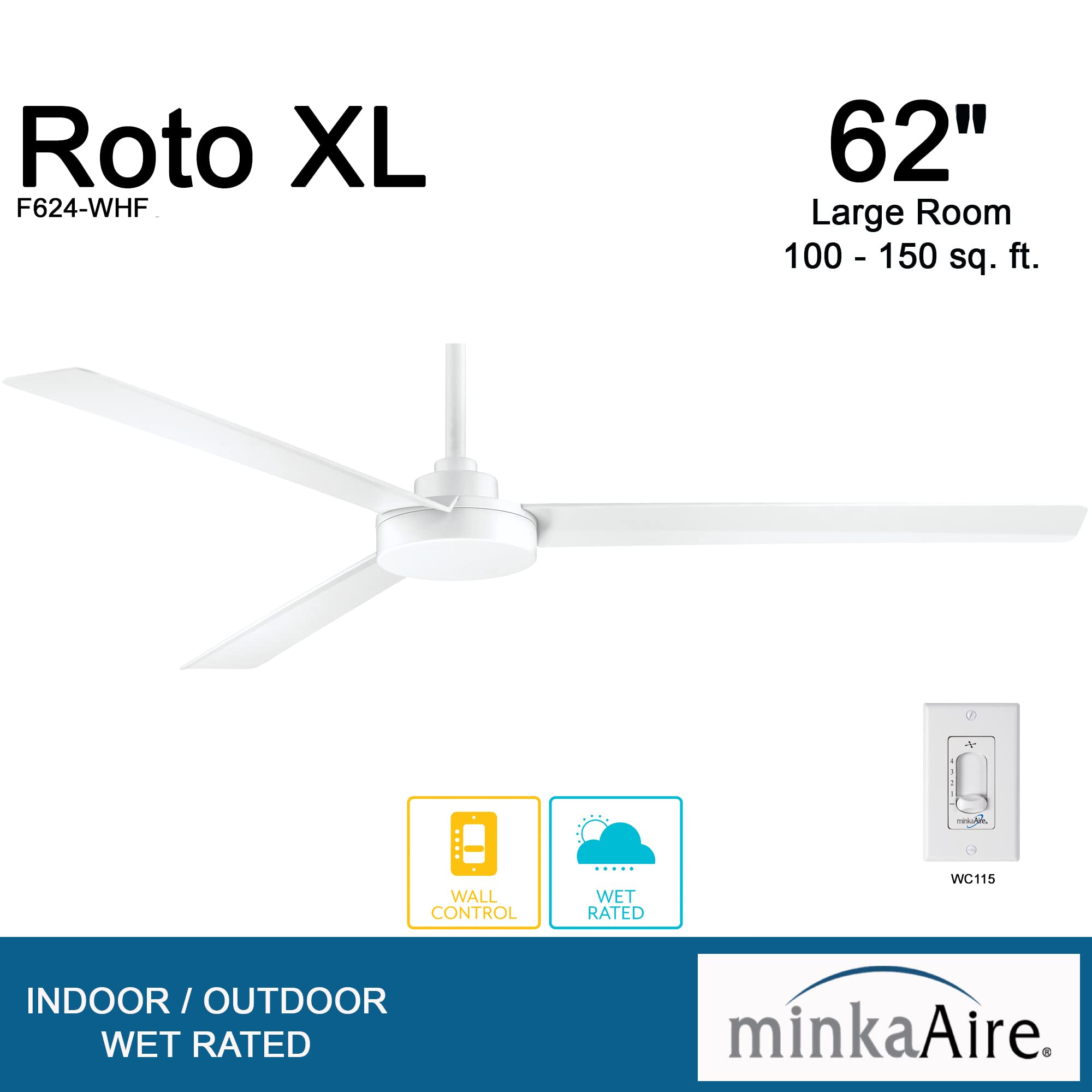 Minka Aire F624-WHF Roto XL 62" 3-Blades Ceiling Fan in Flat White Finish with Flat White Blades