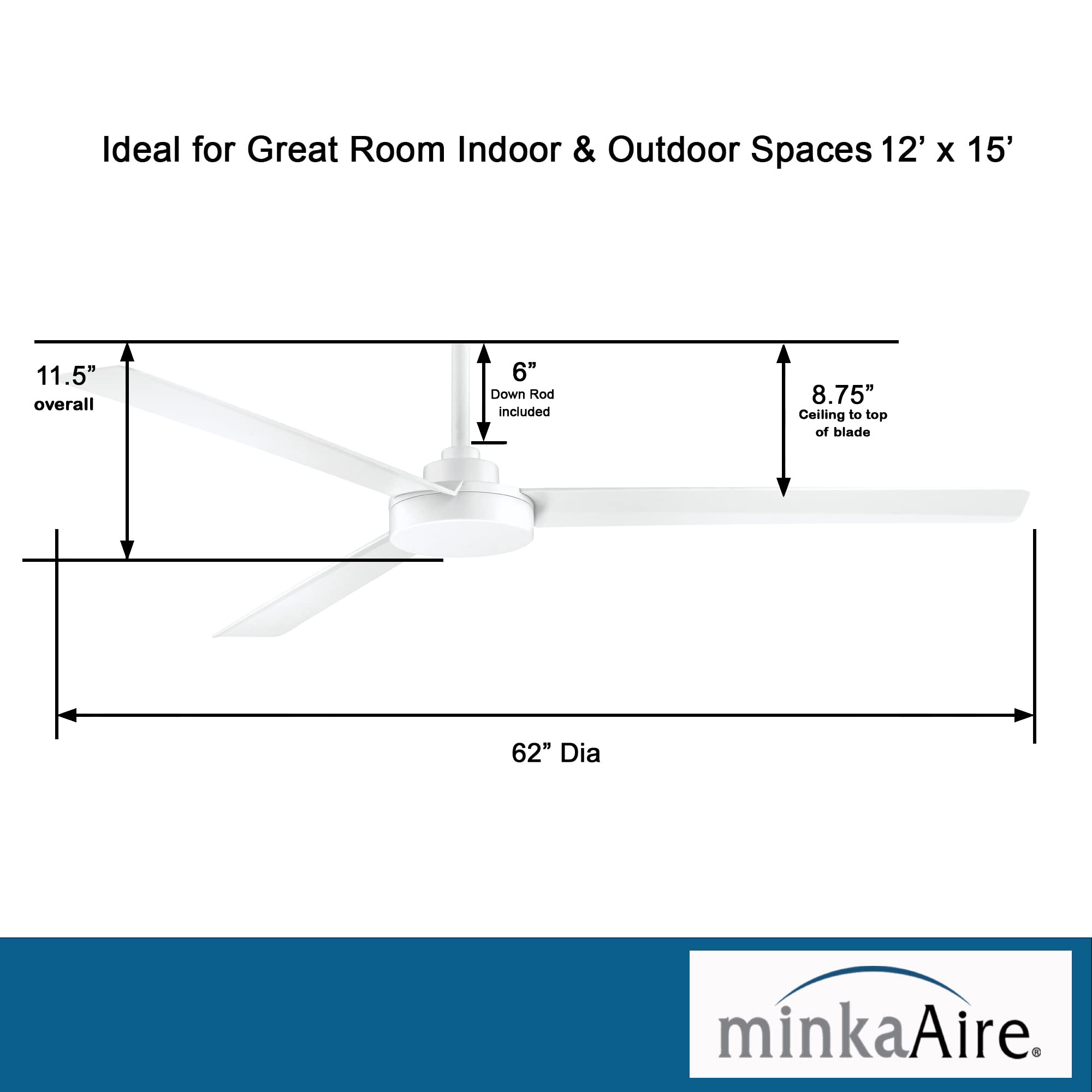 Minka Aire F624-WHF Roto XL 62" 3-Blades Ceiling Fan in Flat White Finish with Flat White Blades