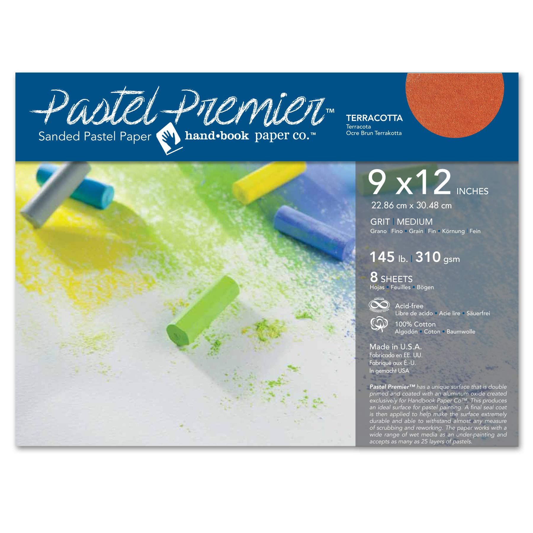 Speedball Art Pastel Premier Sanded Paper, 9”x12”, Terracotta, Medium Grit, Acid Free, 100% Cotton, for Dry Media Oil Pastel, Colored Pencil, Pencil Drawing 145 lb. / 310 GSM (8 Sheets)