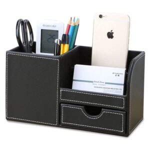 kingfom desk organizer office supplies caddy pu leather multi-function storage box pen/pencil,cell phone, business name cards remote control holder with small drawer black