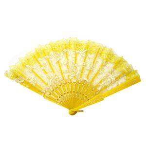 trendbox elegant vintage retro flower rose lace handheld chinese folding fan for dancing ball parties ladies - lemon