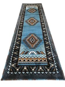 kingdom southwest native american runner area rug blue & brown design d143 (2 feet x 7 feet)