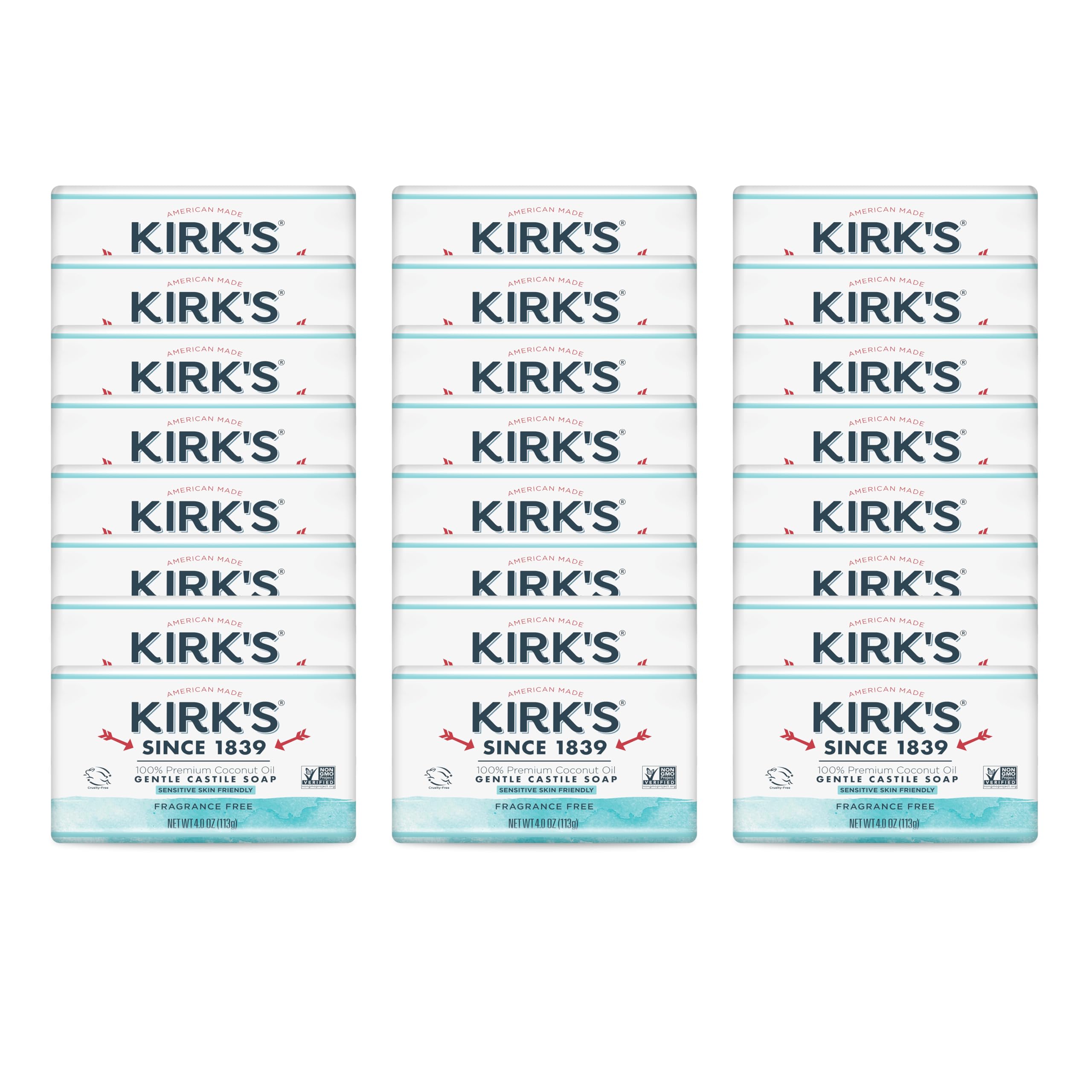 Kirk's Castile Bar Soap for Men, Women & Children - Made with Premium Coconut Oil, Sensitive Skin Formula, Vegan, Non GMO, Fragrance Free, 4 oz. Bars, 24 Pack