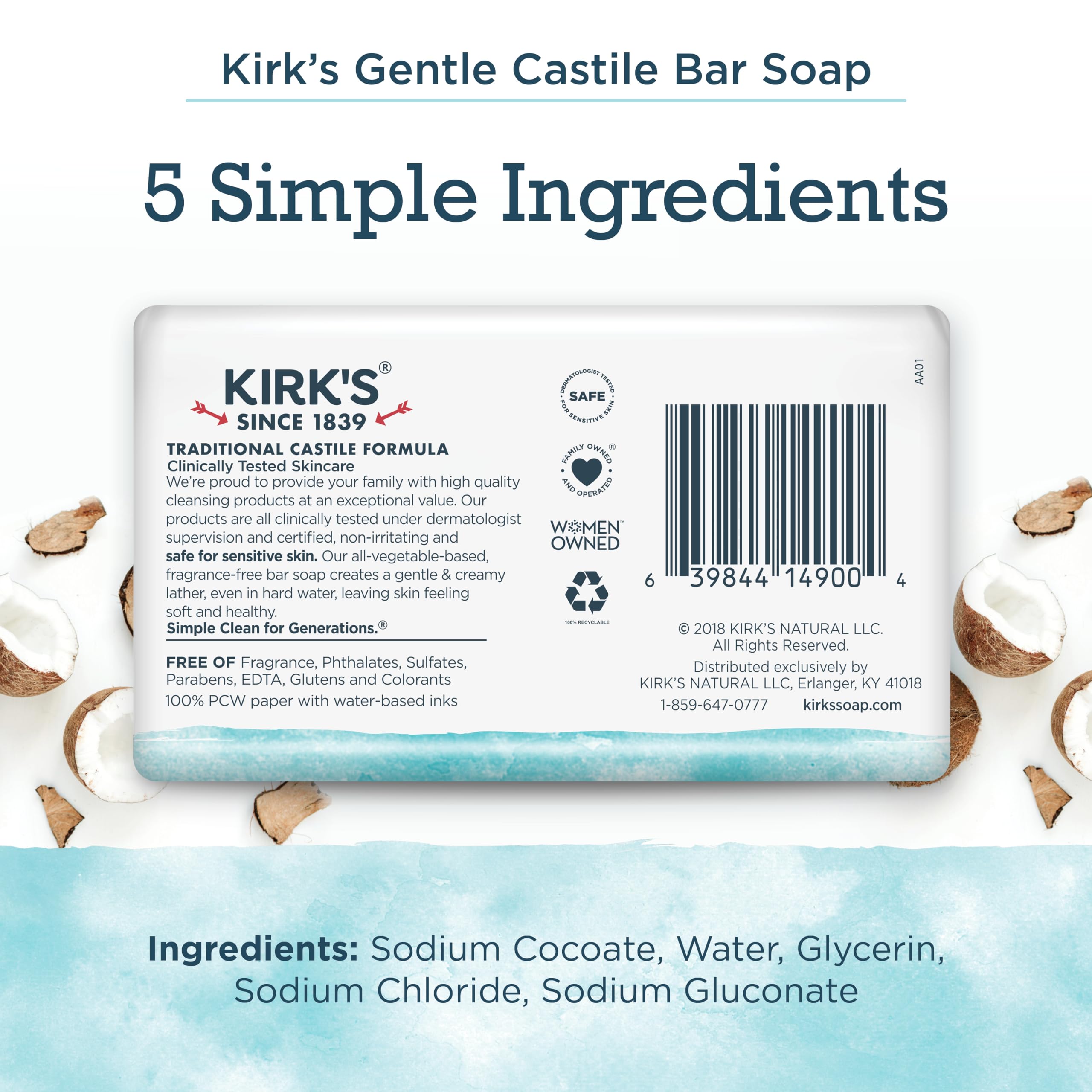 Kirk's Castile Bar Soap for Men, Women & Children - Made with Premium Coconut Oil, Sensitive Skin Formula, Vegan, Non GMO, Fragrance Free, 4 oz. Bars, 24 Pack