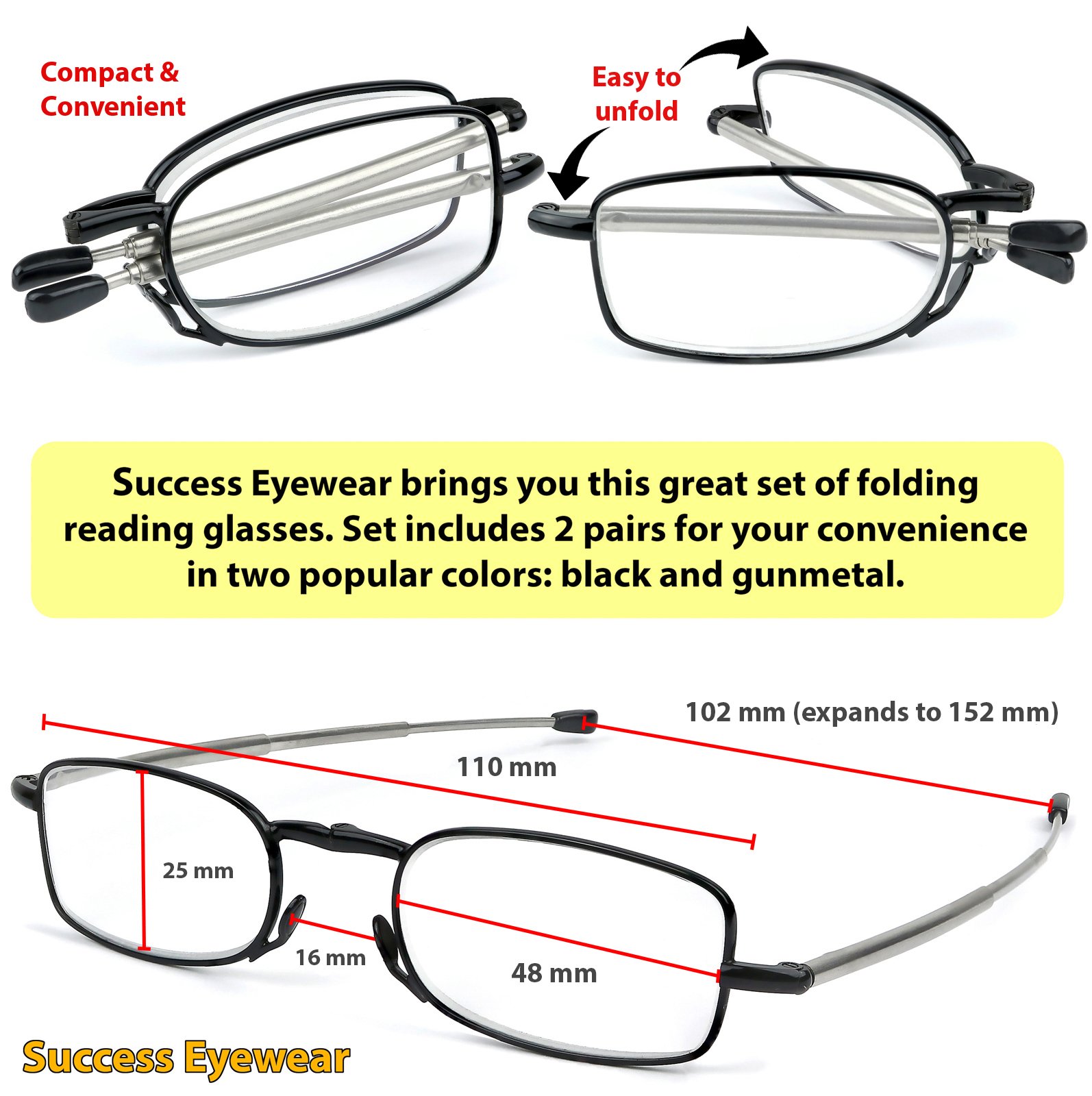 Success Eyewear Reading Glasses 2 Pair Black and Gunmetal Readers Compact Folding Glasses for Reading for Men and WomenCase Included +2