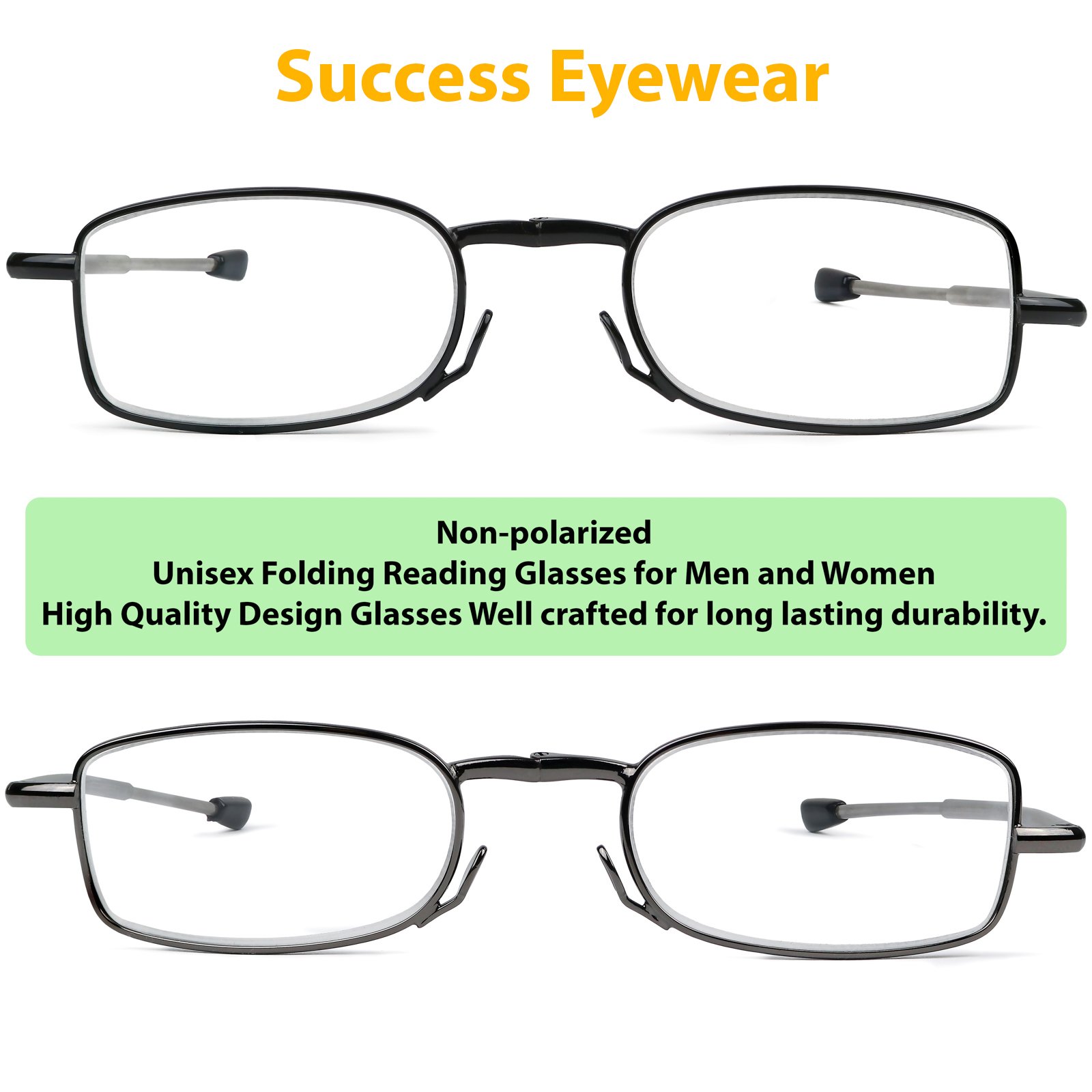 Success Eyewear Reading Glasses 2 Pair Black and Gunmetal Readers Compact Folding Glasses for Reading for Men and WomenCase Included +2