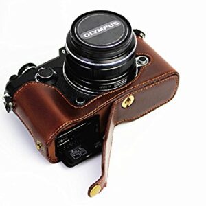 Bottom Opening Version Protective PU Leather Half Camera Case Bag Cover with Tripod Design for Olympus Pen-F Camera with PU Leather Hand Strap Dark Brown