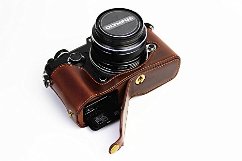 Bottom Opening Version Protective PU Leather Half Camera Case Bag Cover with Tripod Design for Olympus Pen-F Camera with PU Leather Hand Strap Dark Brown