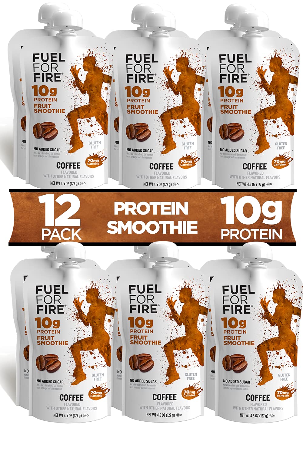 Fuel for Fire Protein Smoothie Pouch - Coffee (12-Pack) | Healthy Snack & Recovery | No Sugar Added, Dietitian Approved | Functional Fruit Smoothies | Gluten Free, 70mg Caffeine (4.5oz pouches)