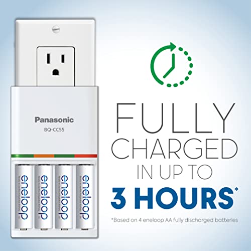 Panasonic BQ-CC55SBA Advanced eneloop Individual Rechargeable Battery 3 Hour Quick Charger with 4 LED Color Charge Indicator Lights