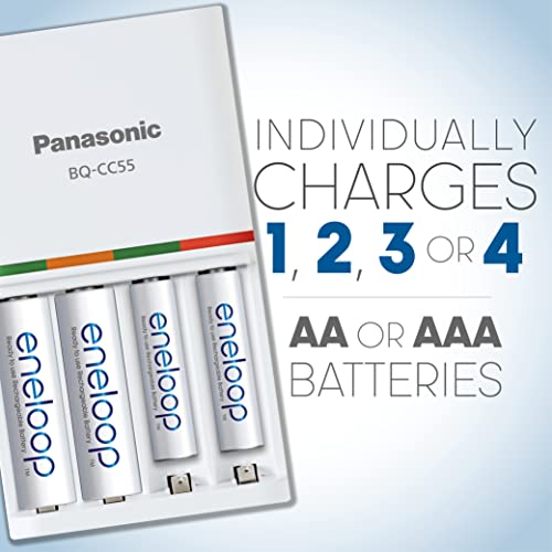 Panasonic BQ-CC55SBA Advanced eneloop Individual Rechargeable Battery 3 Hour Quick Charger with 4 LED Color Charge Indicator Lights