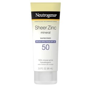 neutrogena sheer zinc oxide dry-touch sunscreen lotion with broad spectrum spf 50 uva/uvb protection, water-resistant, hypoallergenic & non-greasy mineral sunscreen, paraben-free, 3 fl. oz