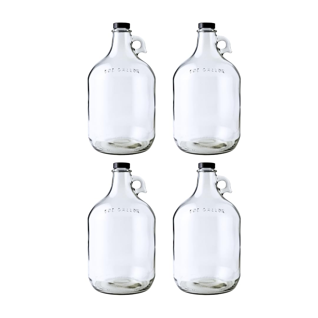 FastRack 128oz Growler, 1 Gallon Glass Beer Growler, 4 Pack with Polyseal Caps, Clear Growlers for Beer