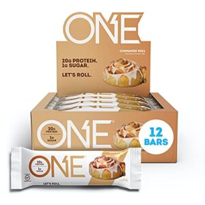 one protein bars, cinnamon roll, gluten free protein bars with 20g protein and 1g sugar, pantry staples, 2.12 oz (12 count)