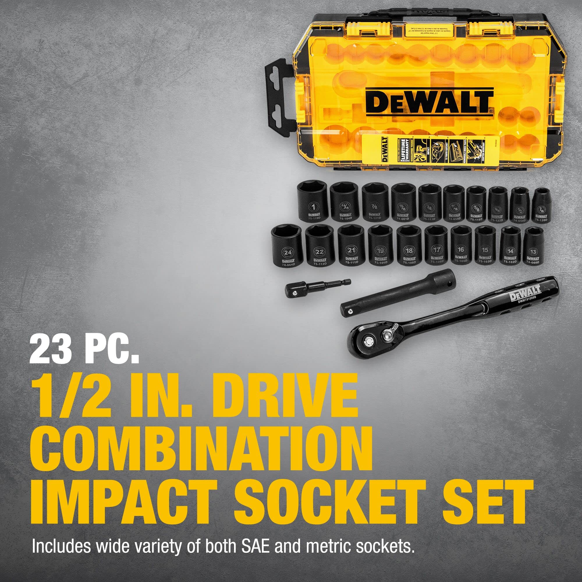 DEWALT Impact Socket Set, 23-Piece, 1/2" Drive Metric/SAE (DWMT74739)