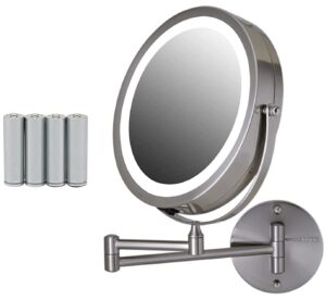 ovente 8.6" lighted wall mount makeup mirror, 1x & 10x magnifier, adjustable double sided round led, extend, retractable & folding arm, compact & cordless, battery powered nickel brushed mfw85br1x10x