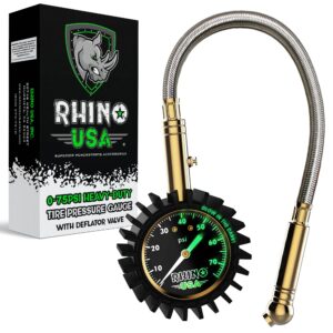 rhino usa heavy duty tire pressure gauge (0-75 psi) - certified ansi b40.1 accurate, large 2" easy read glow dial, premium braided hose, solid brass hardware, best for any car, truck, motorcycle, rv