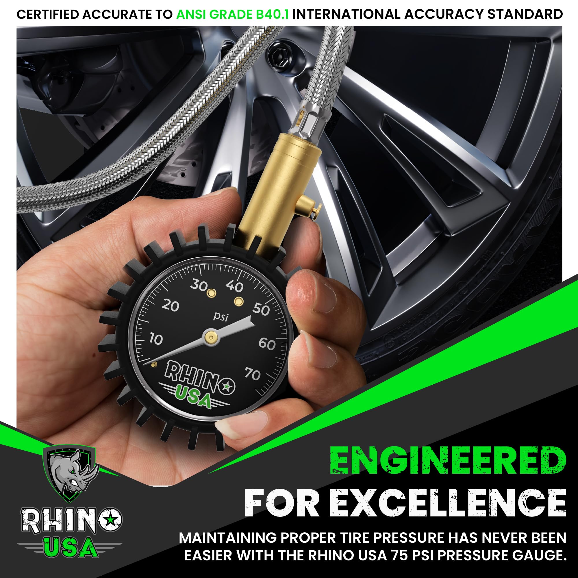 Rhino USA Heavy Duty Tire Pressure Gauge (0-75 PSI) - Certified ANSI B40.1 Accurate, Large 2" Easy Read Glow Dial, Premium Braided Hose, Solid Brass Hardware, Best for Any Car, Truck, Motorcycle, RV